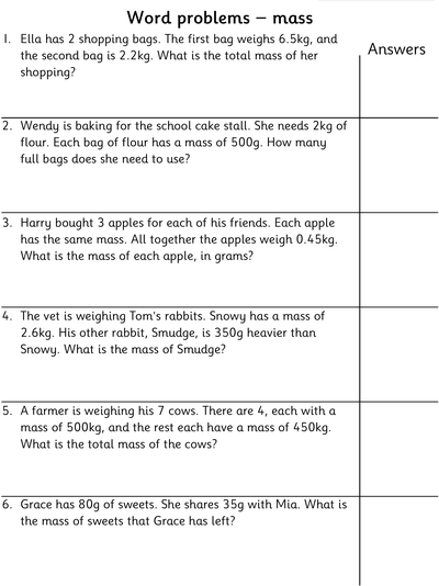 Worksheet: Solving Word Problems involving Mass - Topmarks
