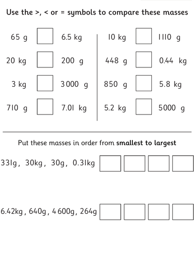 Worksheet: Comparing and Ordering Masses – Mixed Units - Topmarks