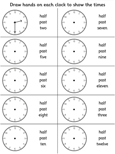 Worksheet: Record Time on Clocks, On the Half Hour - Topmarks
