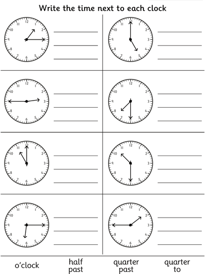 Worksheet: Record Times, On the Hour, Half Hour and Quarter Hour - Topmarks