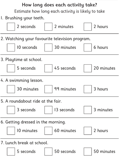 Worksheet: Estimating the Duration of Events - Topmarks