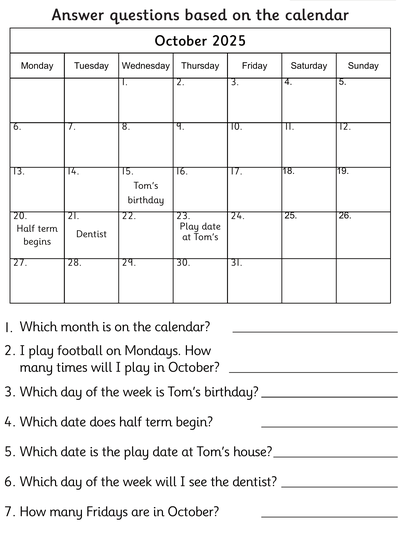 Worksheet: Calendar Problems - Topmarks