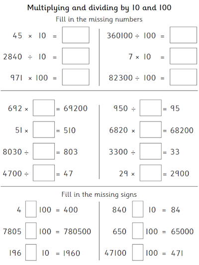 Worksheet: Multiply and Divide by 10 and 100, Without Decimals - Topmarks