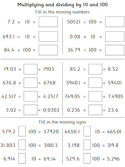 Worksheet: Multiply and Divide by 10 and by 100, With Decimals - Topmarks