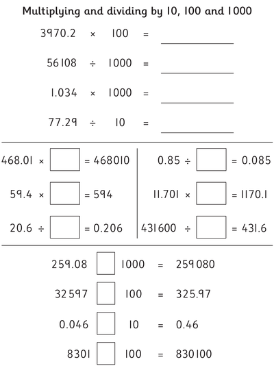 Worksheet: Multiply and Divide by 10, 100 and 1000, With Decimals ...