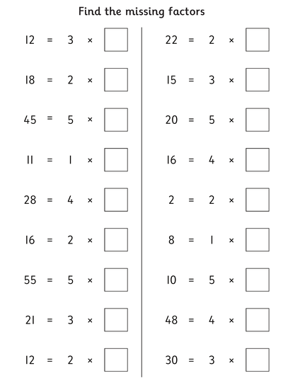 Worksheet: Finding Missing Factors, Mixed Times Tables - Topmarks