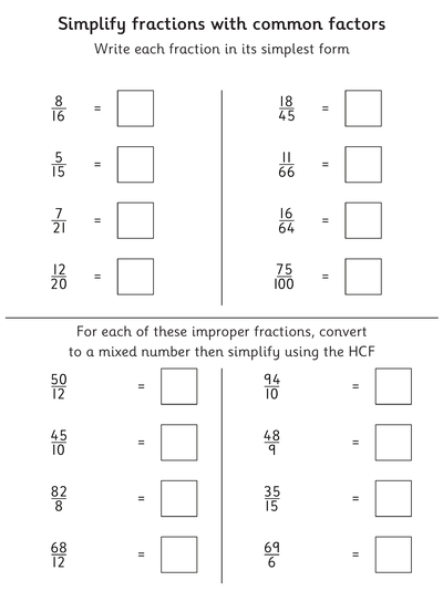 Worksheet: Use Common Factors to Simplify Fractions - Topmarks
